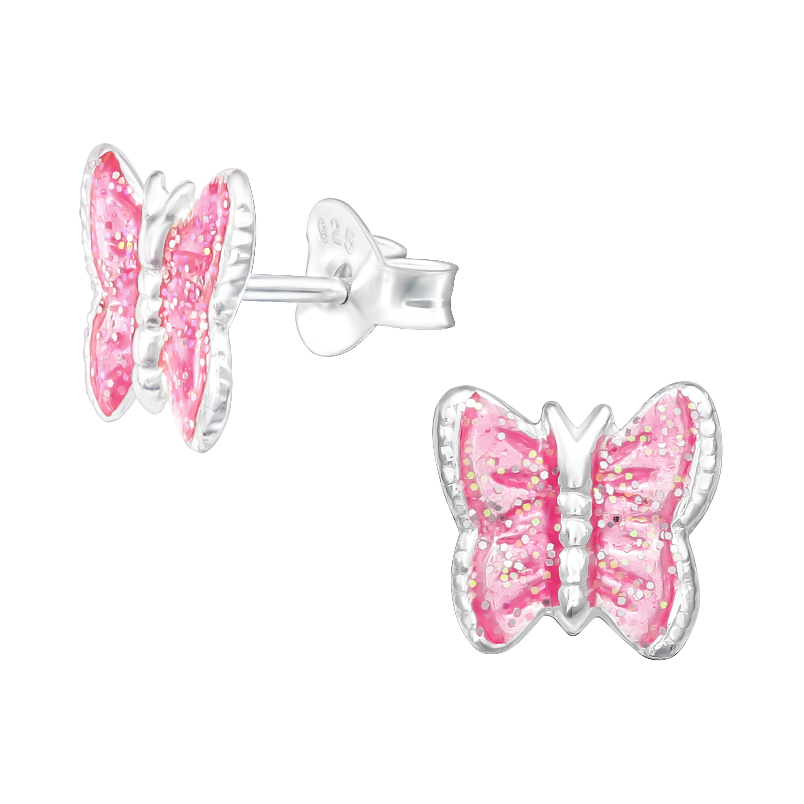 Adorable Kids Pink Enamel Butterfly Stud Earrings Over Sterling Silver